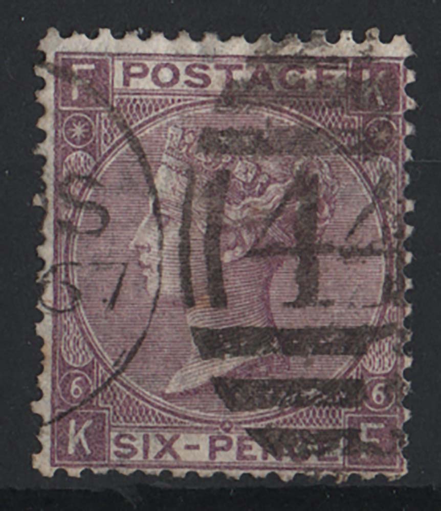 #299 GB 1865 6d lilac plate 6 wmk emblems sg97 odd nibbled perf ...