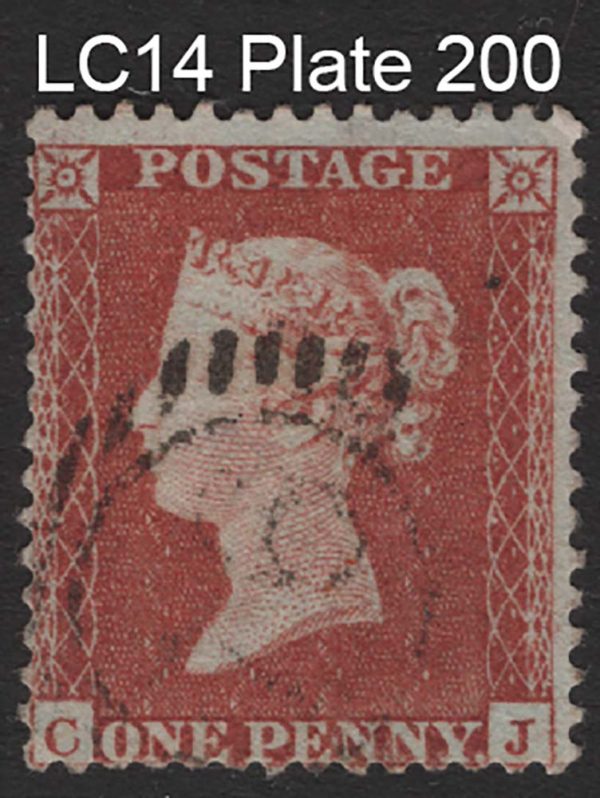#240 GB 1854 1d red small crown perf 14 sg22 plate 200 CJ, couple ...