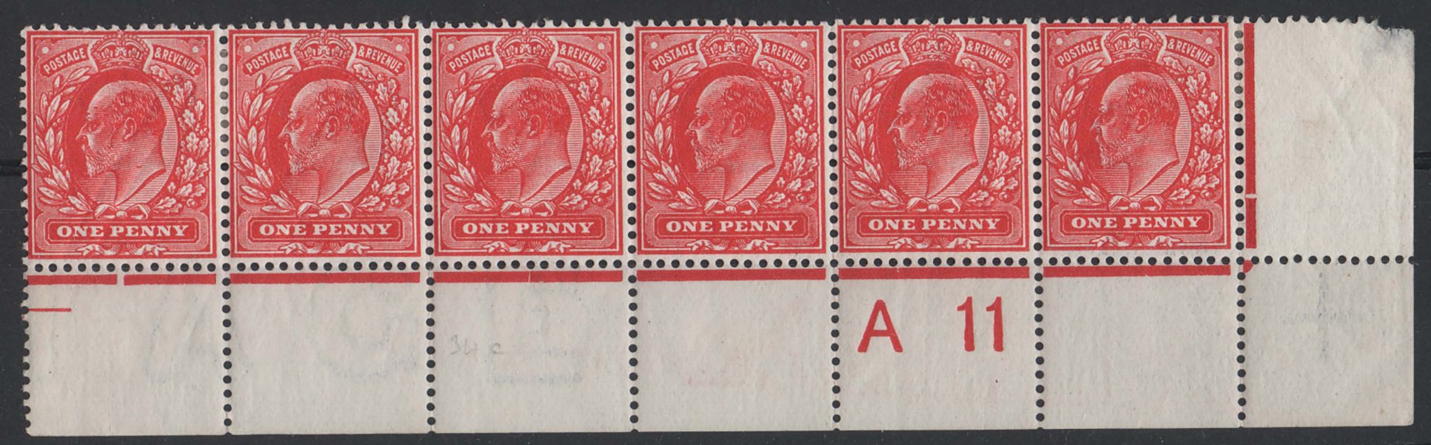 #399 GB 1911 1d deep rose-red sg272 A11(w) f mint corner strip of 6 ...