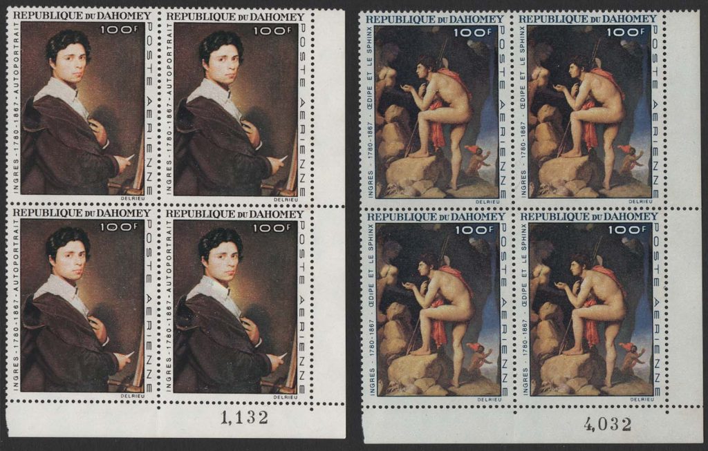 #108 Dahomey 1967 Ingres Paintings set, sg282-3, corner number blocks ...