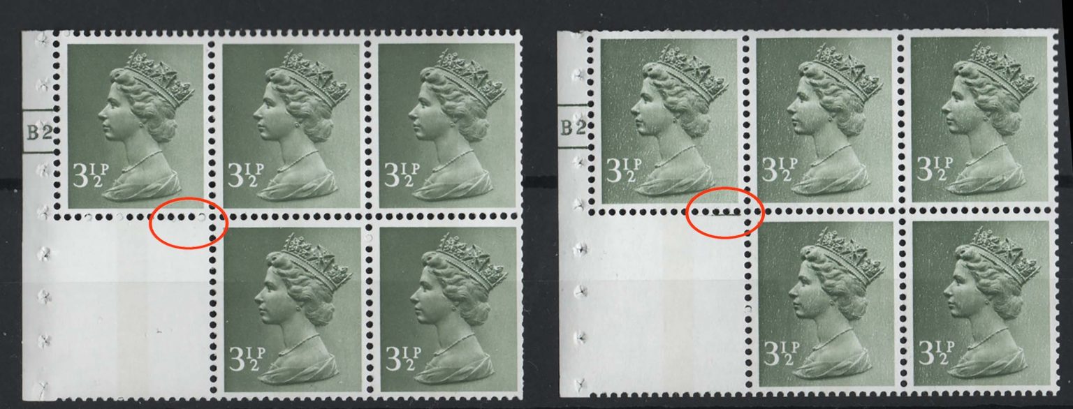 #622 GB 1971 Machin 3½p CB PVAD cyl pane with line at top right of ...