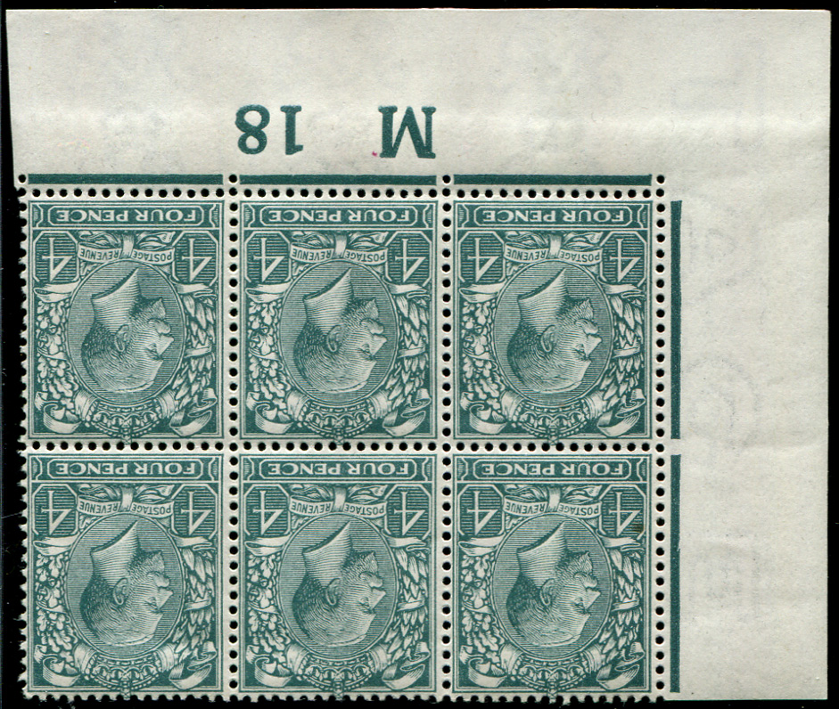 #464 GB 1912 4d sg379wi WMK inverted CONTROL M18, corner block of six ...
